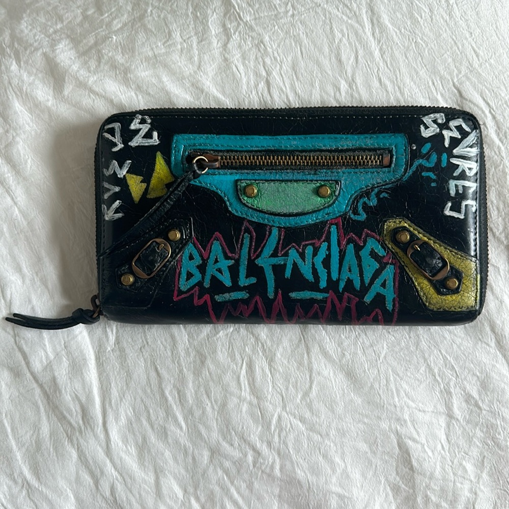 Rare Balenciaga Graffiti Classic Zip Wallet Leather - Gem